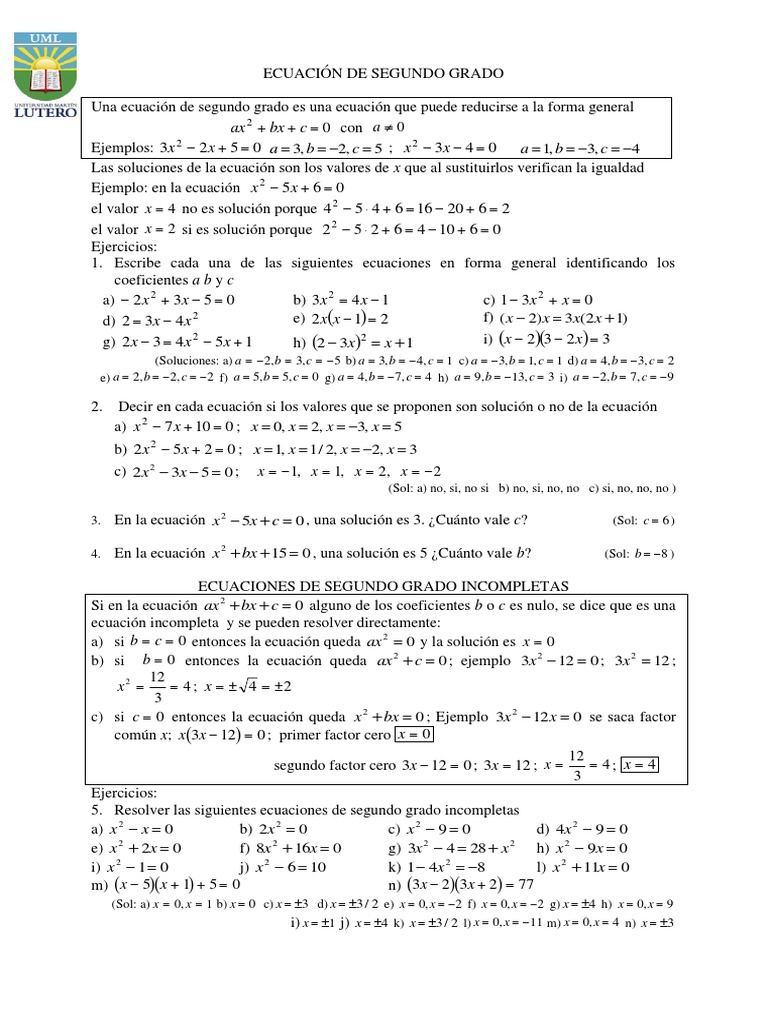 Ecuaciones de Segundo Grado - Cuadratica | PDF | Ecuaciones | Matemáticas