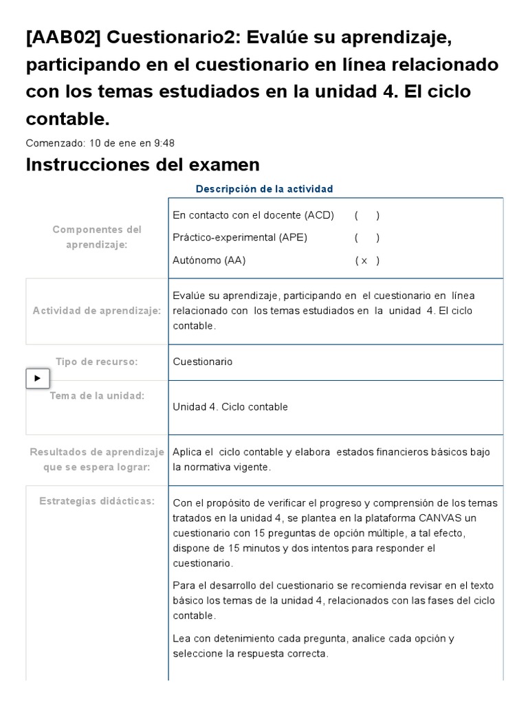 Examen - (AAB02) Cuestionario2 - Evalúe Su Aprendizaje, Participando en El Cuestionario en Línea ...