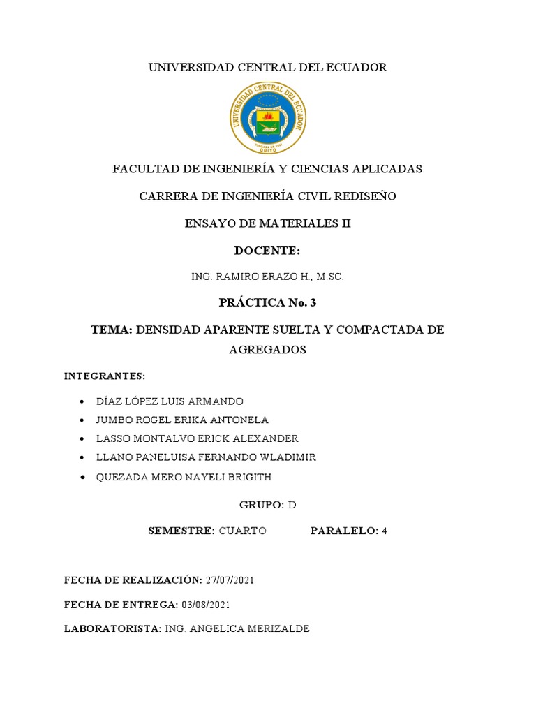 Práctica No. 3 - Grupo D - Densidad Aparente Suelta y Compactada de ...