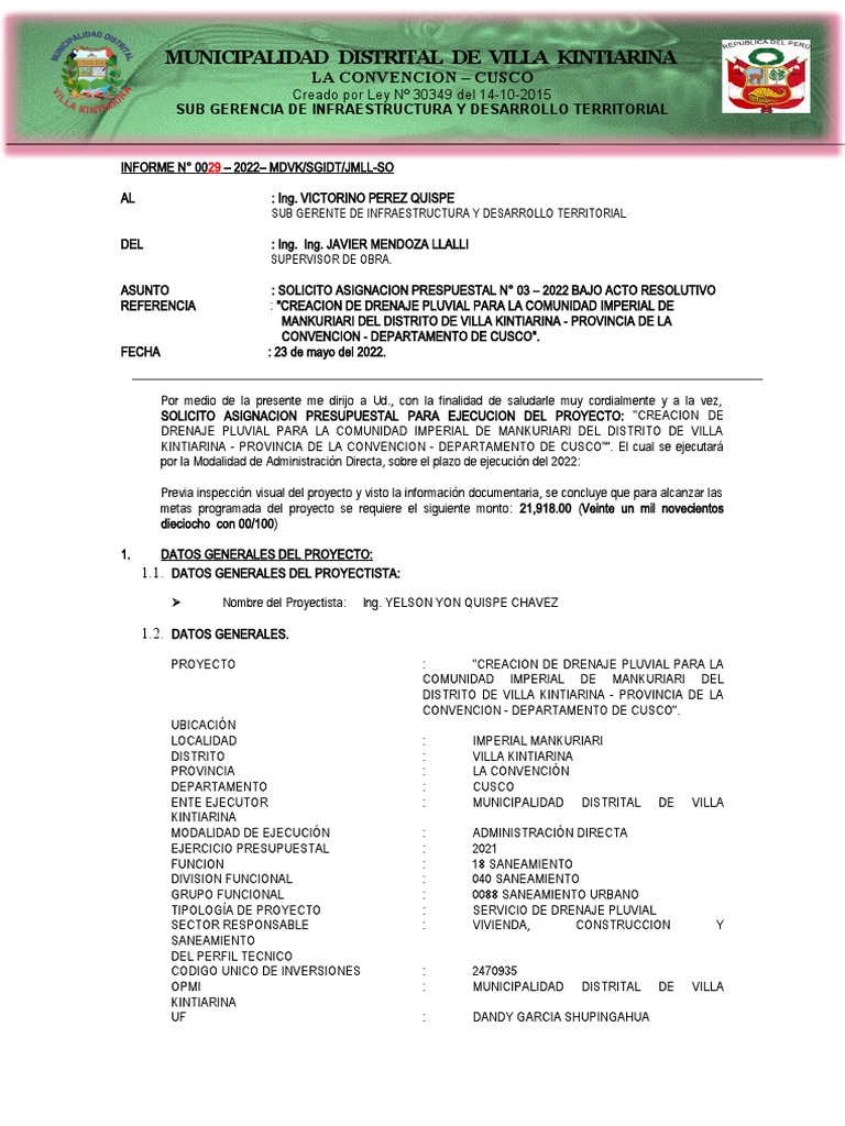 Informe de Residente #0027 Asignacion Presupuestal Abril | PDF | Economias