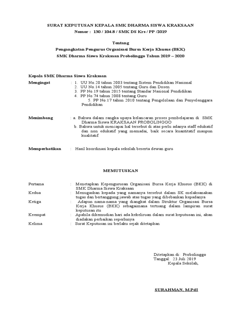 SK Pengangkatan Pengurus BKK SMK 2019 | PDF