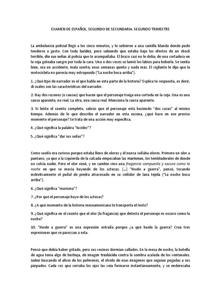 Examen de Español Segundo | PDF