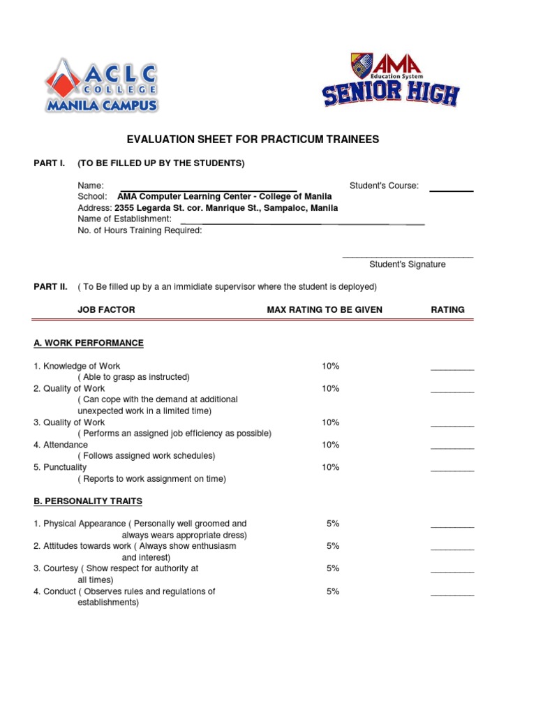 Evaluation Sheet For Practicum Trainees: (To Be Filled Up by The Students) | PDF | Behavior ...