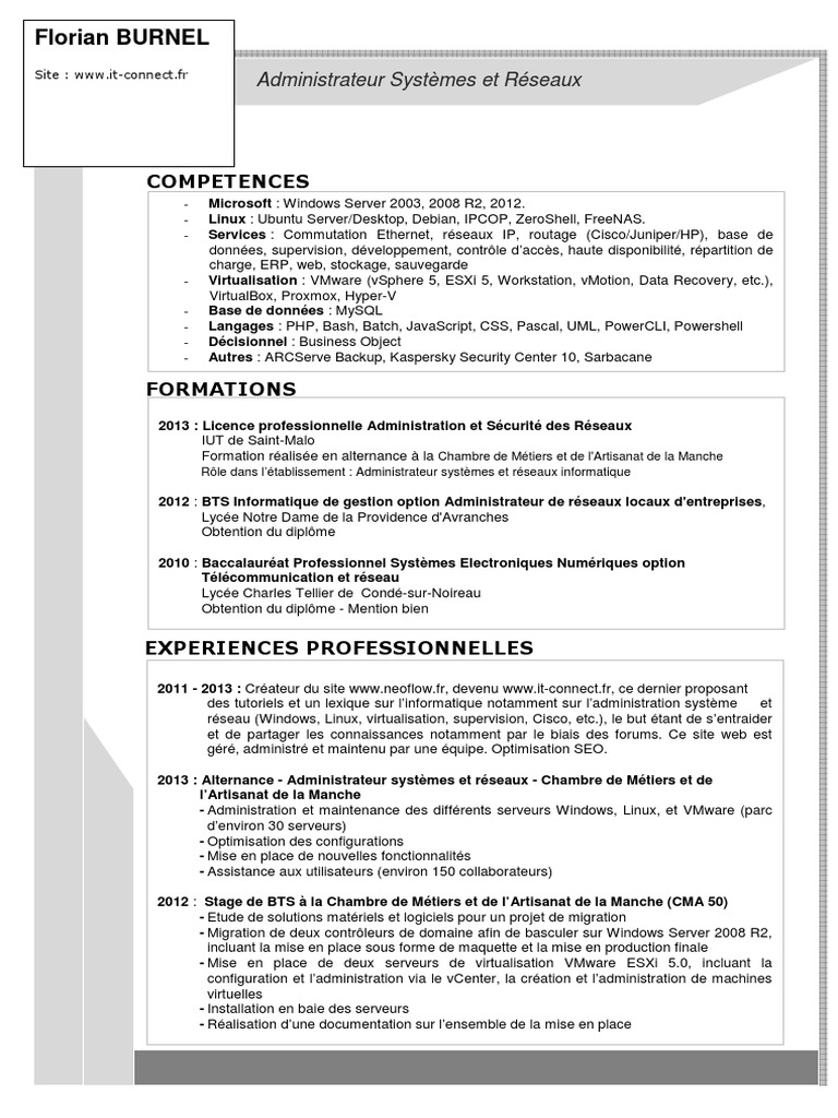 CV de Florian Burnel, Administrateur Systèmes | PDF | VMware | Virtualisation