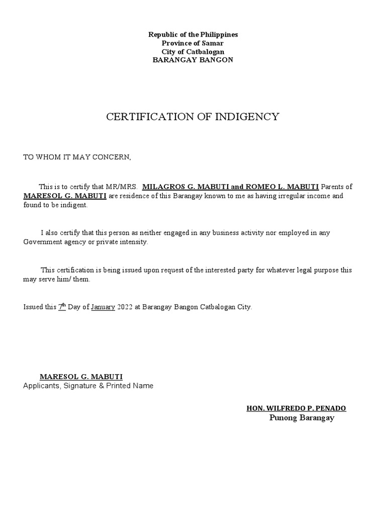Indigency Certification for Mabuti Family | PDF