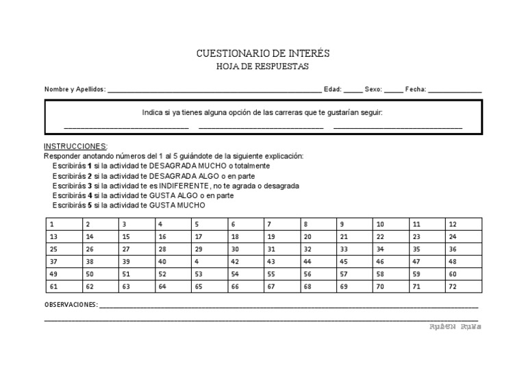 Cuestionario de Intereses - Hoja Respuesta | PDF