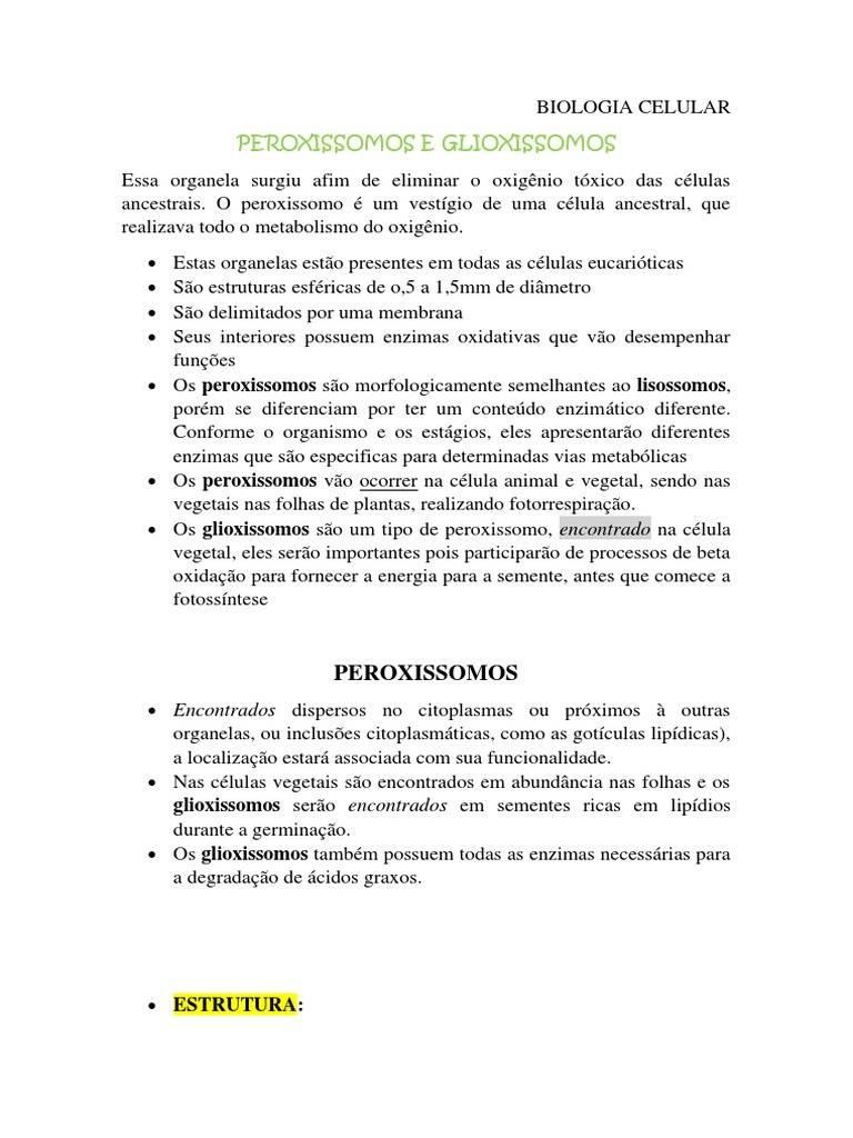 Funções e Estrutura dos Peroxissomos | PDF | Célula (Biologia ...