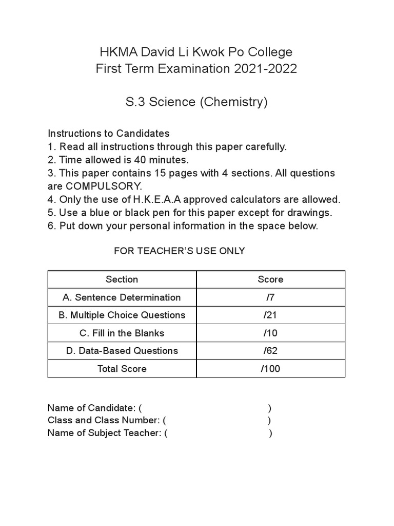 S.3 Chemistry Exam Paper 2021-2022 | PDF | Salt (Chemistry) | Chemical Compounds