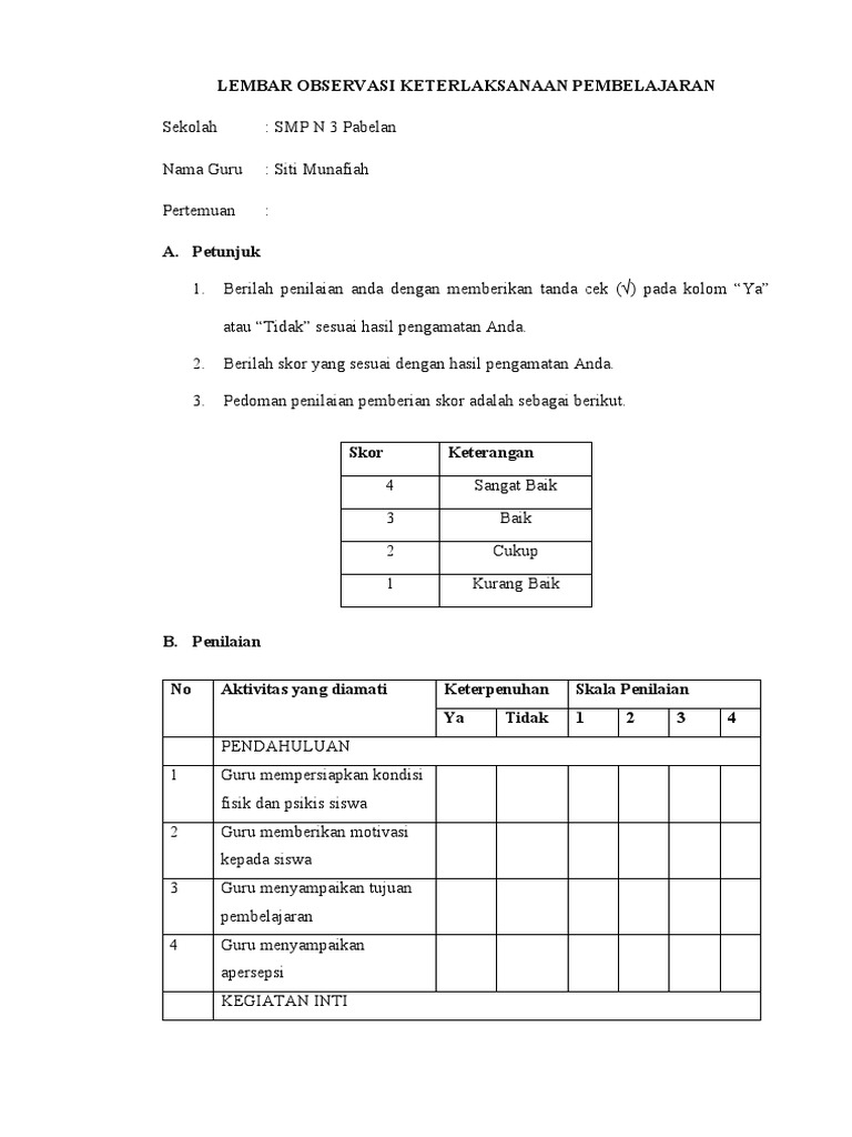 08 Lembar Observasi Keterlaksanaan Pembelajaran | PDF