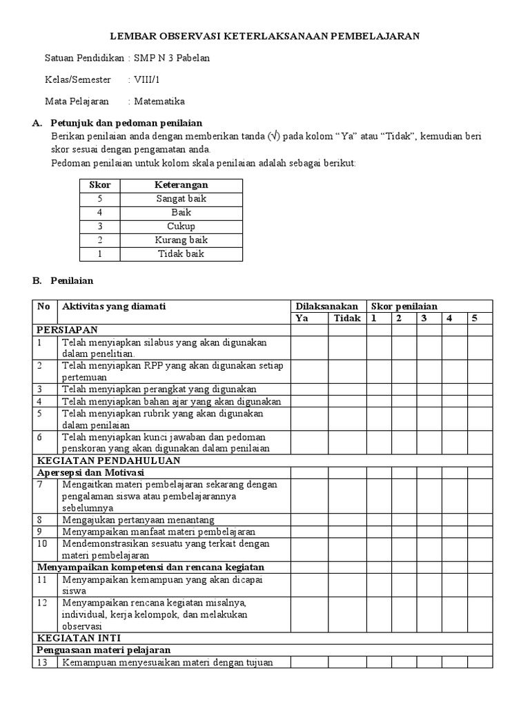 13 Lembar Observasi Keterlaksanaan Pembelajaran | PDF