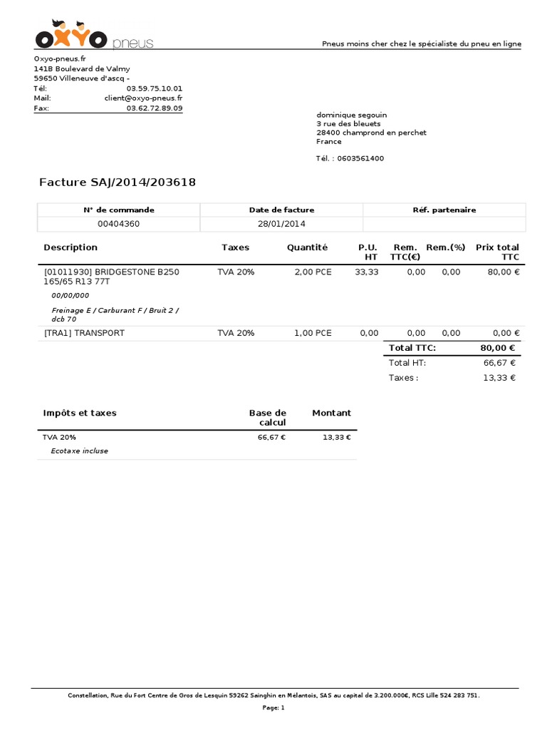 Facture SAJ/2014/203618: #De Commande Date de Facture Réf. Partenaire ...
