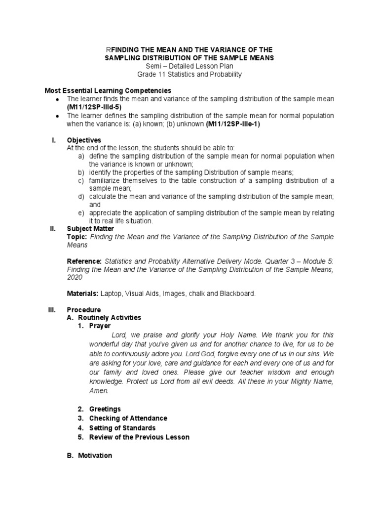 Lesson Plan in Random Variable | PDF | Standard Error | Standard Deviation