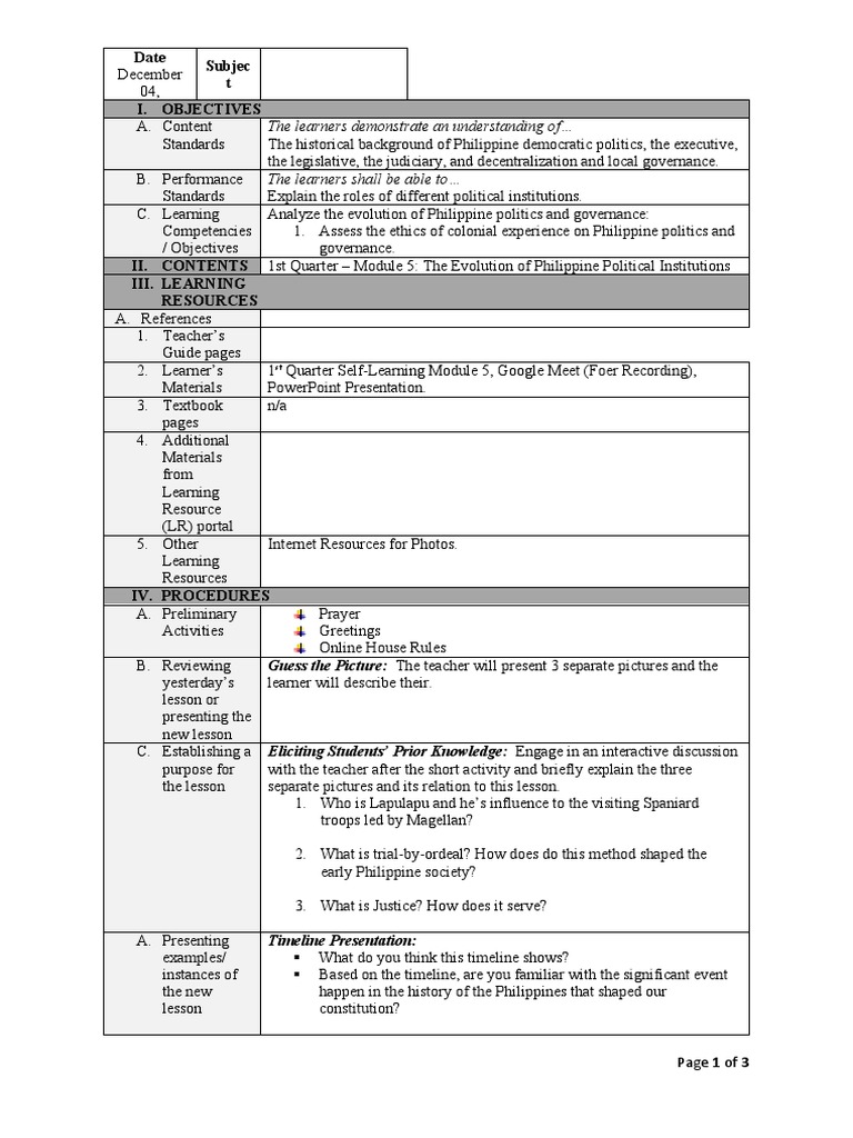 Date Subjec T I. Objectives: The Learners Demonstrate An Understanding of The Learners Shall Be ...