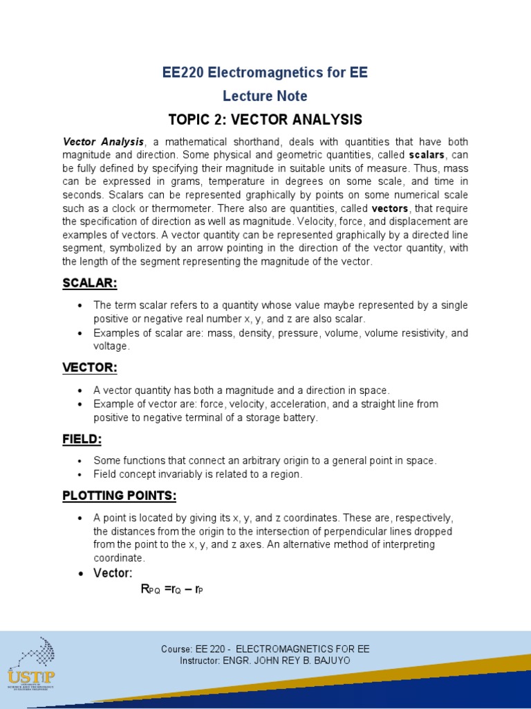 Topic 2: Vector Analysis: EE220 Electromagnetics For EE Lecture Note | PDF | Euclidean Vector ...