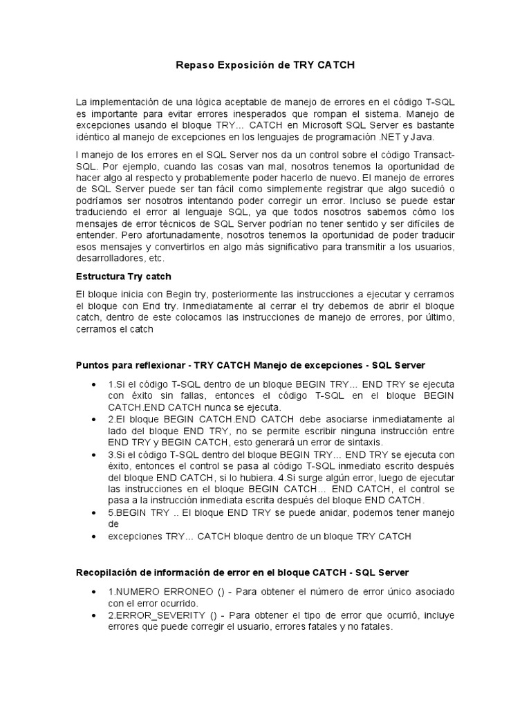 Repaso Exposición de TRY CATCH | PDF | Servidor SQL de Microsoft ...