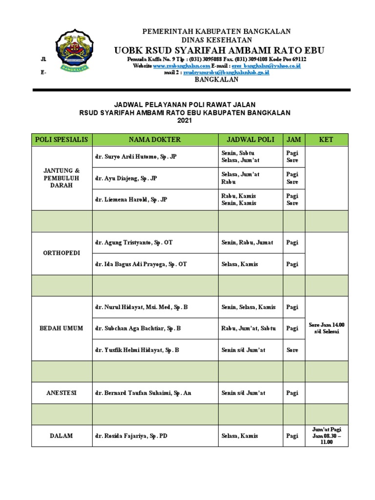 Jadwal Pelayanan Poli Rawat Jalan Di Rsud Syarifah Ambami Rato Ebu