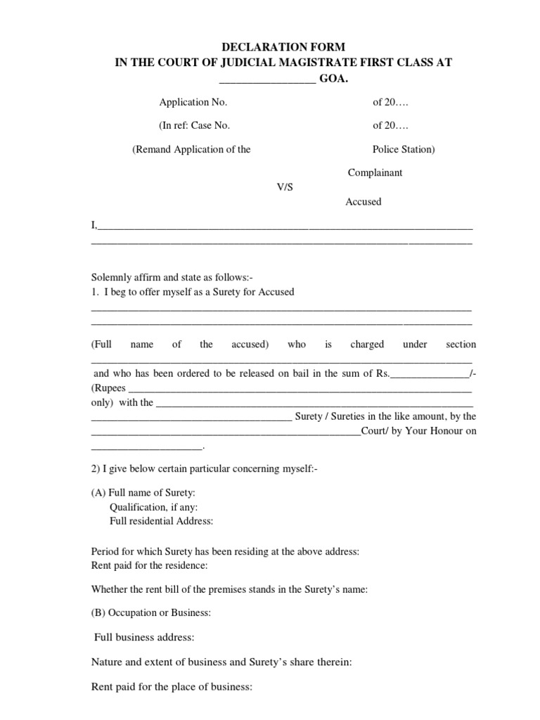 Declaration Form in The Court of Judicial Magistrate First Class at - GOA | PDF | Surety | Bail