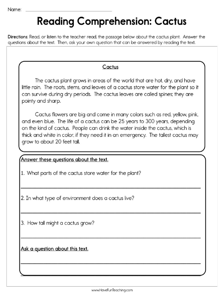 Cactus Reading Comprehension Worksheet Preview | PDF