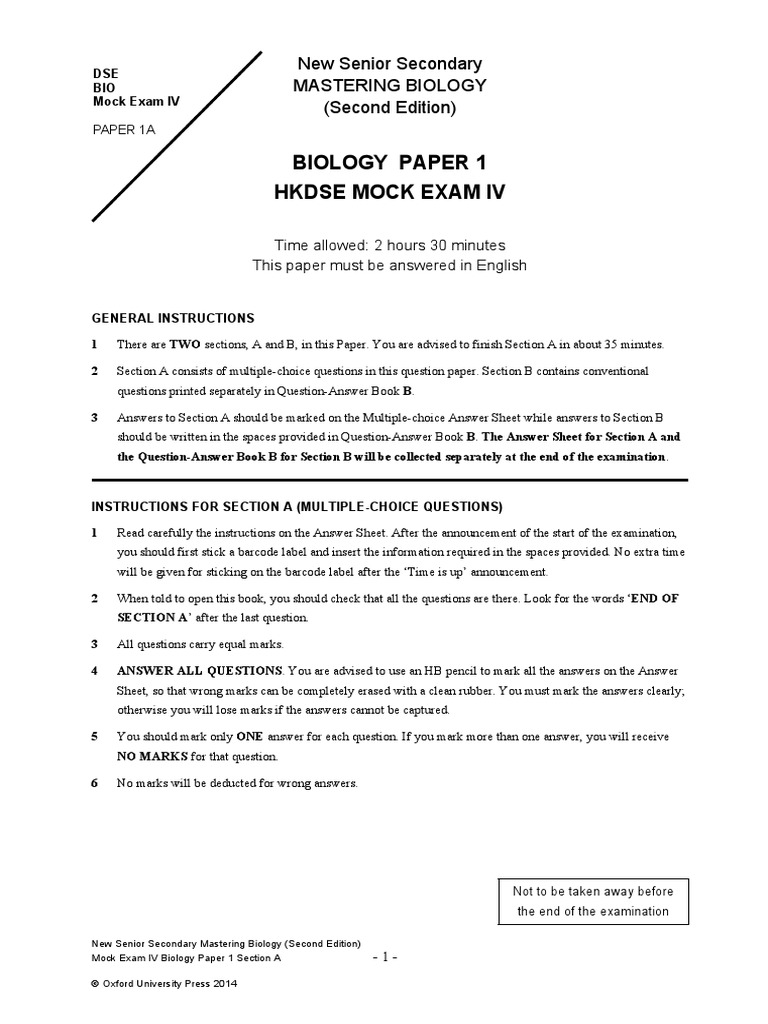 Biology Paper 1 Hkdse Mock Exam Iv: New Senior Secondary Mastering ...