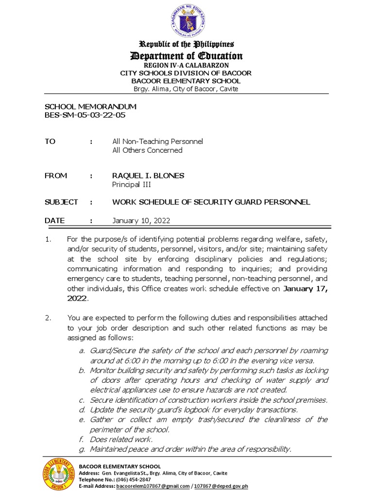 BES SM 05-03-22 005 Security Guard Schedule PDF | PDF | Security Guard ...