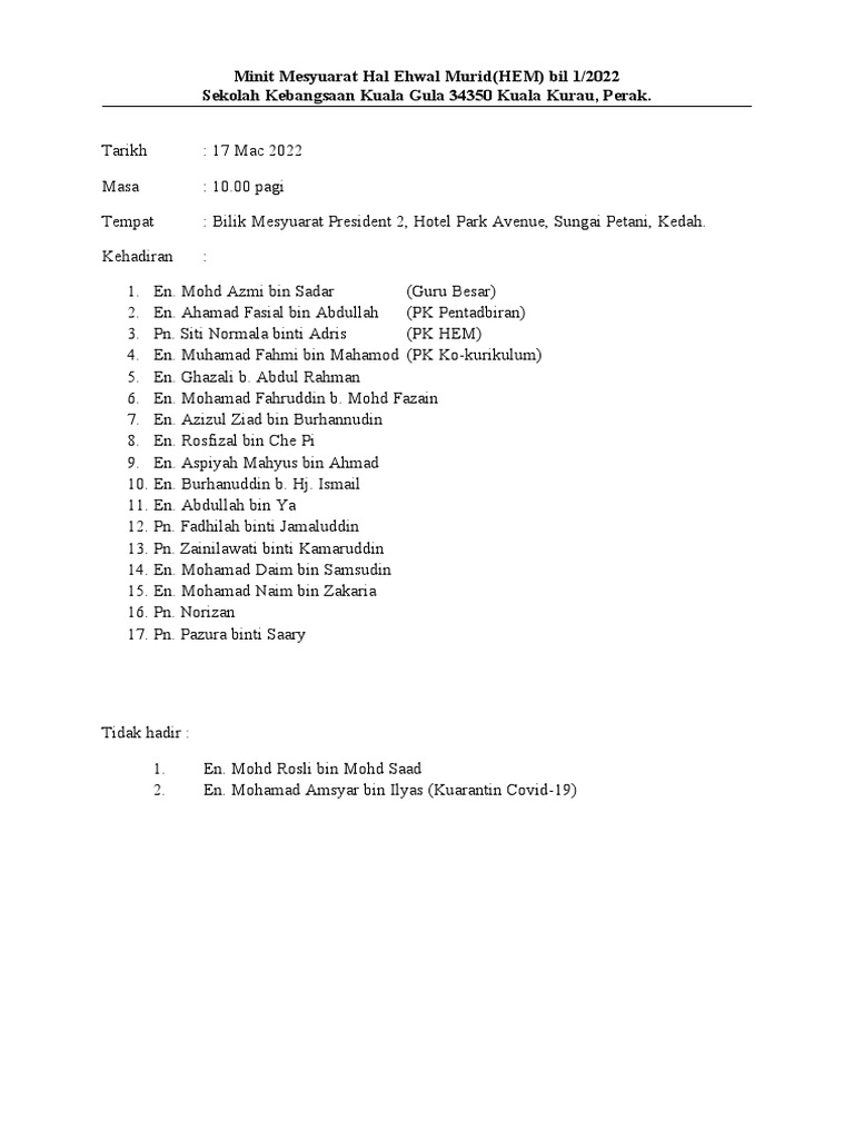 Minit Mesyuarat HEM Bil.1 2022 | PDF