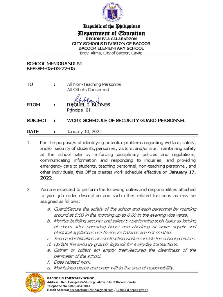 BES SM 05-03-22 005 Security Guard Schedule | PDF | Security Guard ...