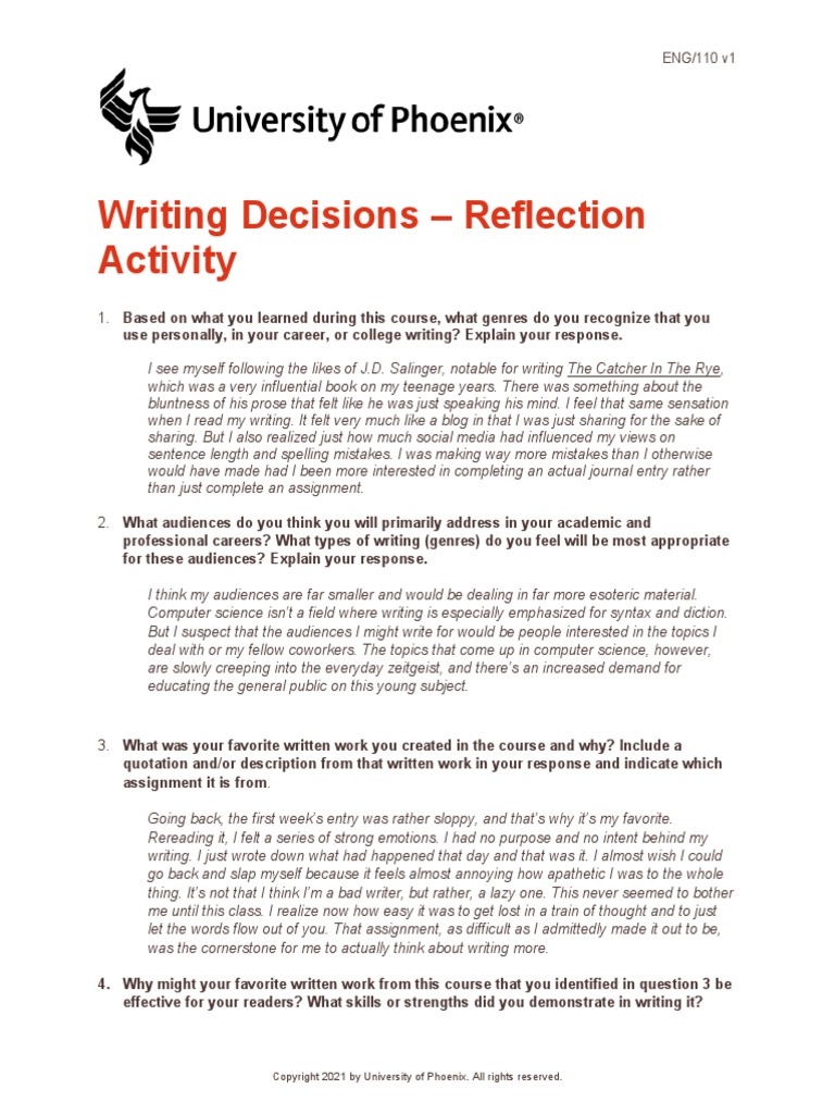 Writing Decisions - Reflection Activity | PDF | Popular Culture & Media ...