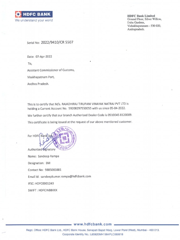 RTVNPL - HDFC - AD Code Letter | PDF