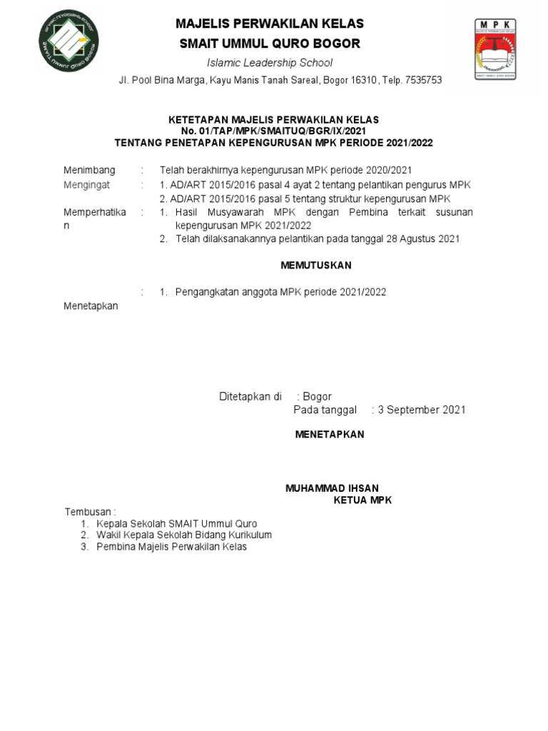SK Kepengurusan MPK 21-22 | PDF