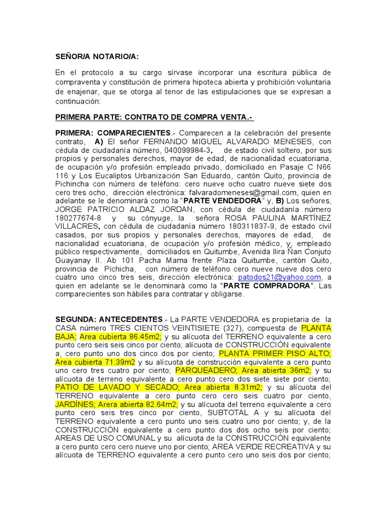 Minuta De Contrato De Compraventa De Imueble Minuta De Contrato De