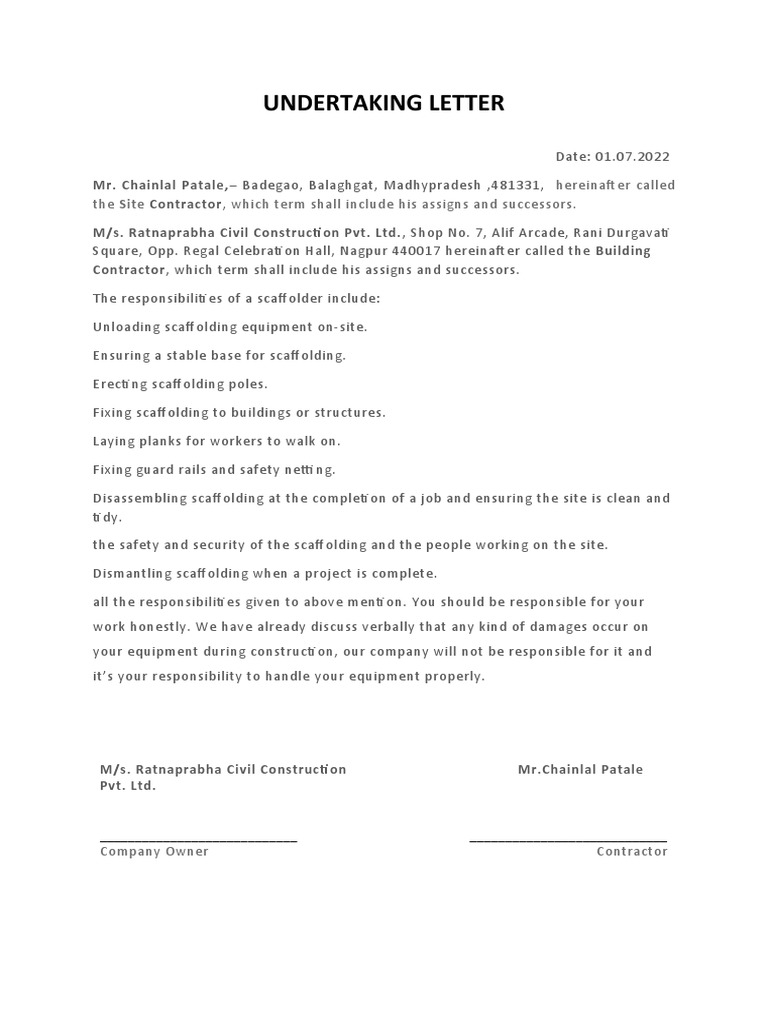 Undertaking Letter-Scaffolder Contractor | PDF
