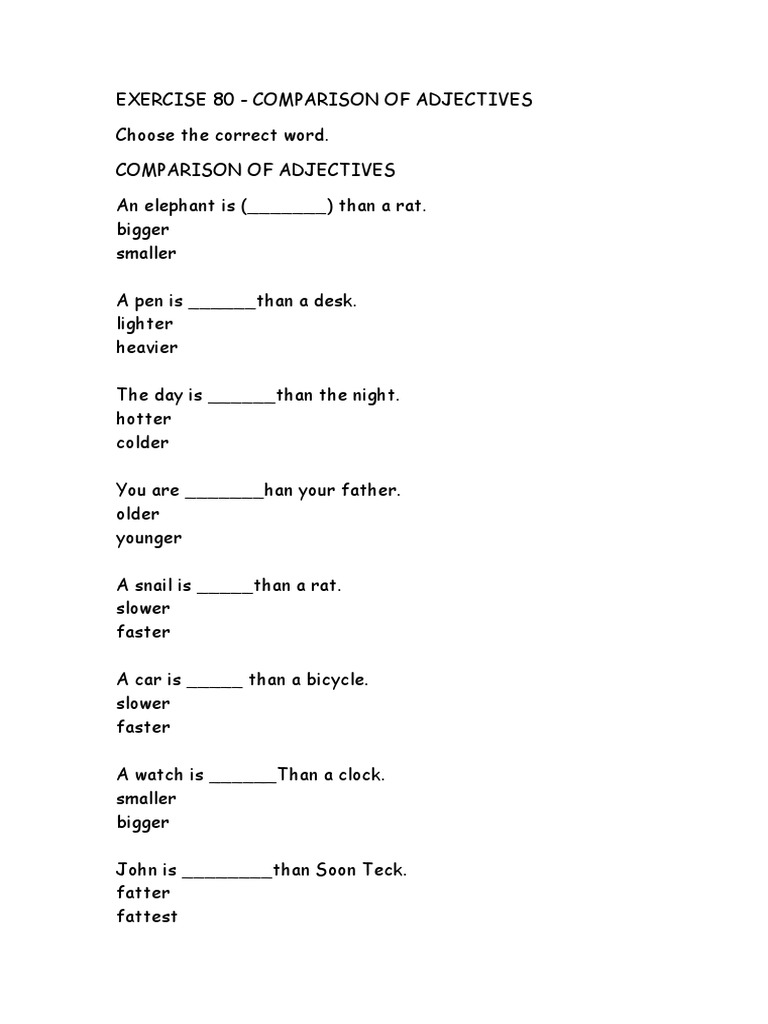 Adjectives Comparative and Superlative Worksheet For Google Form | PDF