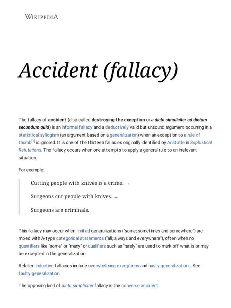 Accident (Fallacy) - Wikipedia | PDF