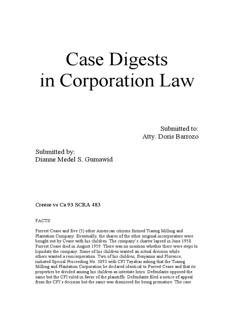 Case Digests Corpo Law | PDF | Mortgage Law | Dividend
