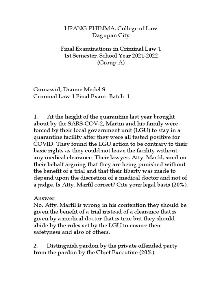 Criminal Law 1 Final Exam | PDF | Fine (Penalty) | Crimes