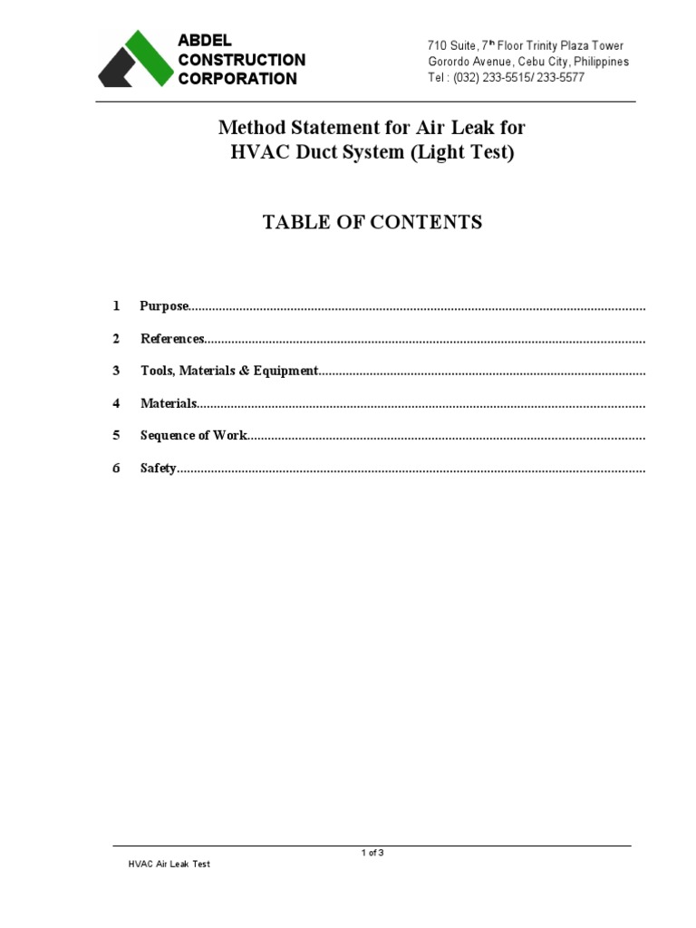 Method Statement For Air Leak For HVAC Duct System (Light Test) | PDF ...