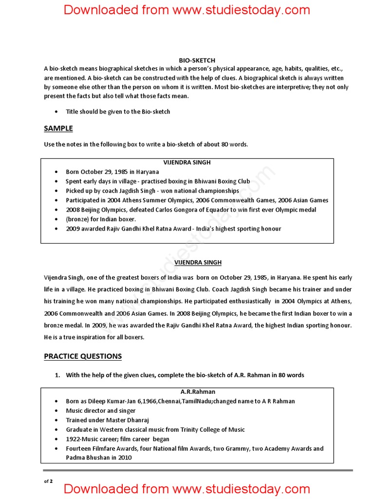 CBSE Class 10 English Bio Sketch Worksheet Set A | PDF | Linguistics