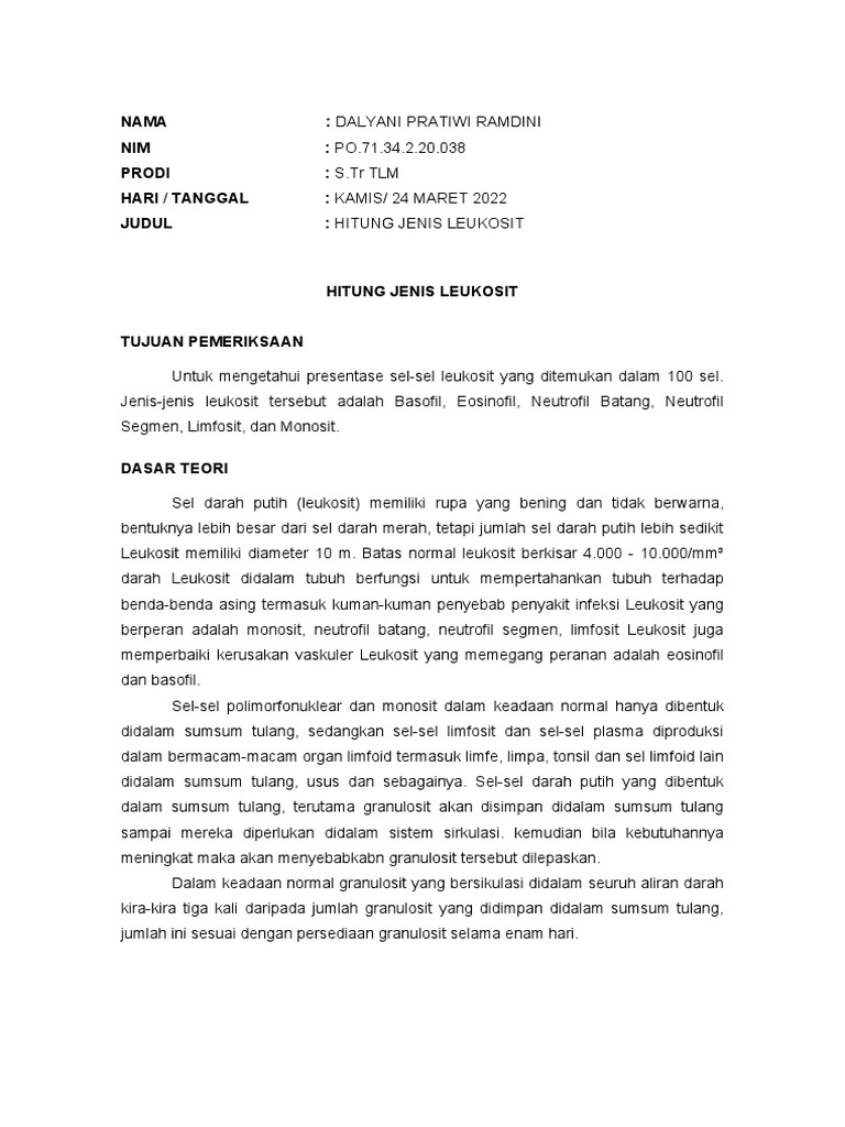 Laporan Praktikum Hitung Jenis Leukosit - Dalyani Pratiwi Ramdini | PDF Laporan Praktikum Hitung Jenis Leukosit - Dalyani Pratiwi Ramdini | PDF