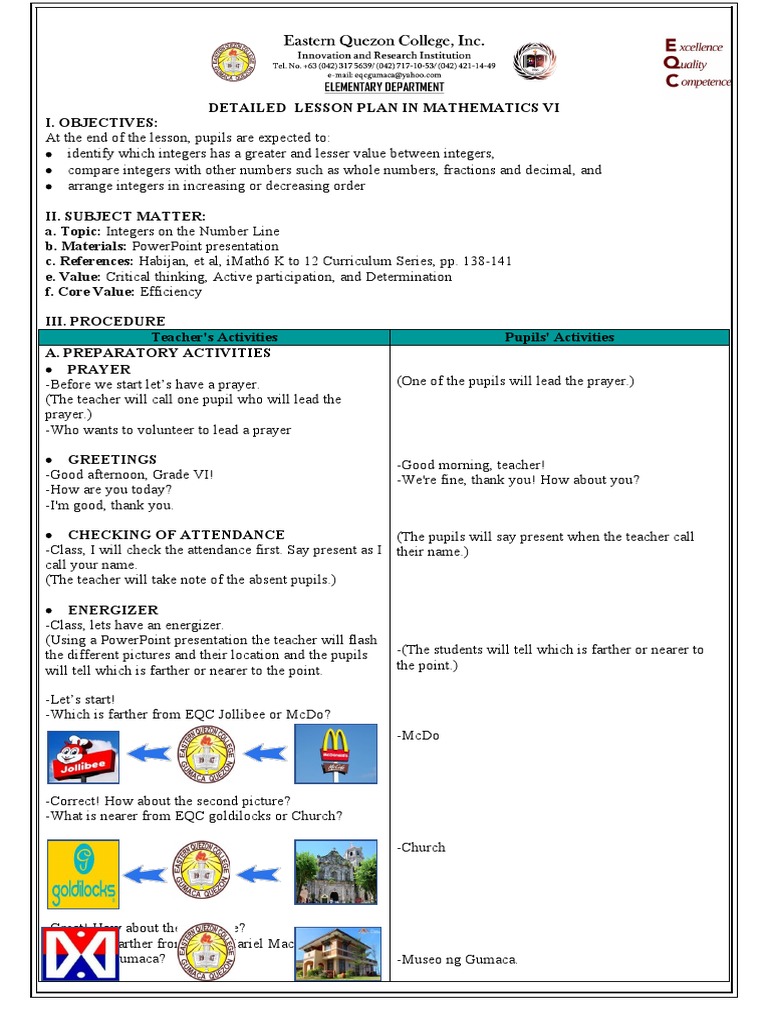 Comparing and Ordering Integers: A Detailed Lesson Plan on Integers on ...