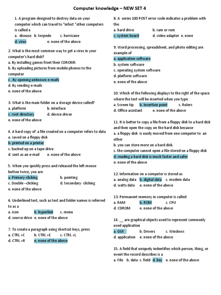 Computer knowledge quiz answers and explanations | PDF | Computer Data ...
