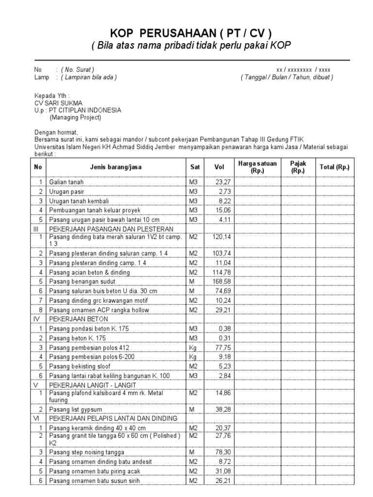 Form Penawaran Mandor - Vendor | PDF