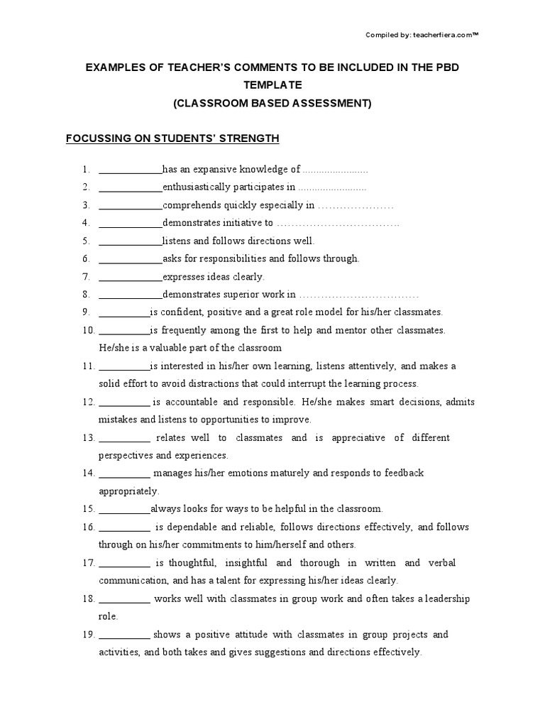 Examples of Teacher'S Comments To Be Included in The PBD Template ...