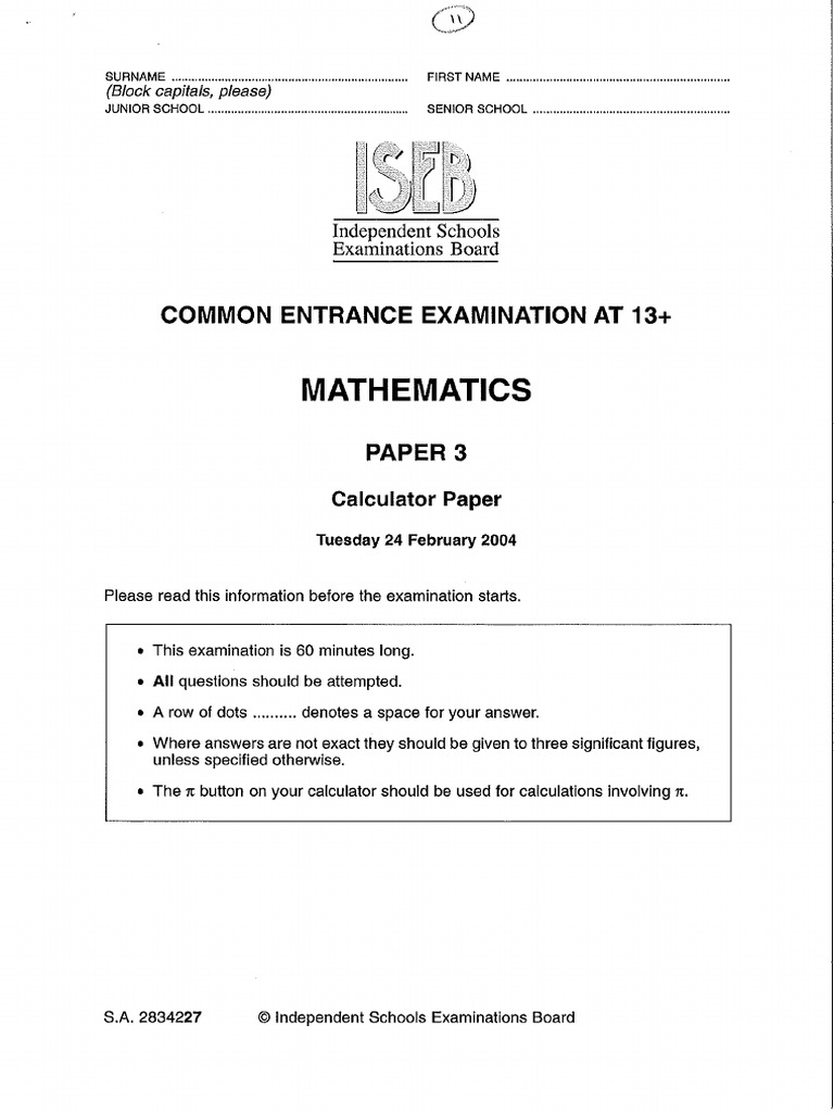 13 Maths Calculator Paper Iseb February 2004 | PDF