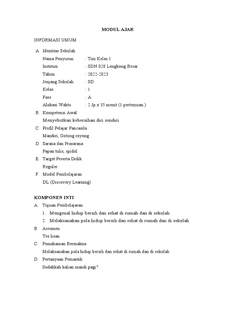 Modul Ajar SD Kls 1 PLH | PDF | Kesehatan Holistik