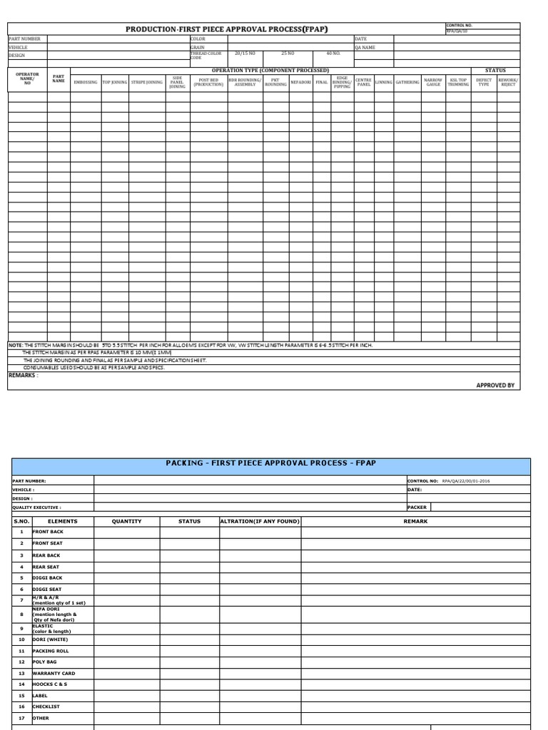 Production-First Piece Approval Process (Fpap) : Operation Type ...