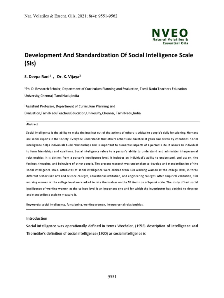 Development and Standardization of Social Intelligence Scale (Sis ...