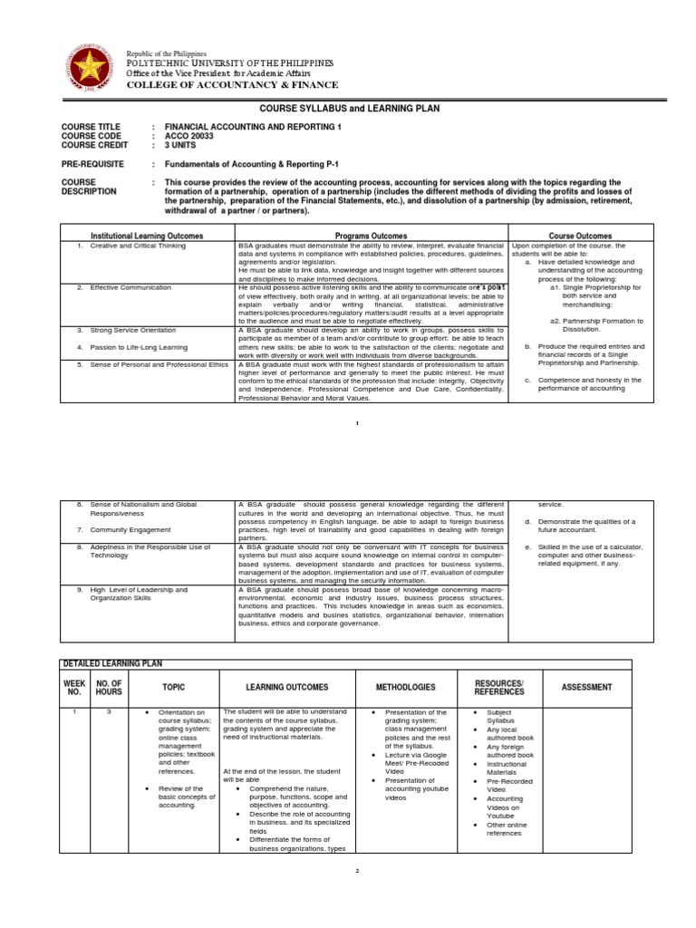 Acco 20033 Financial Accounting and Reporting 1 Syllabus | PDF ...