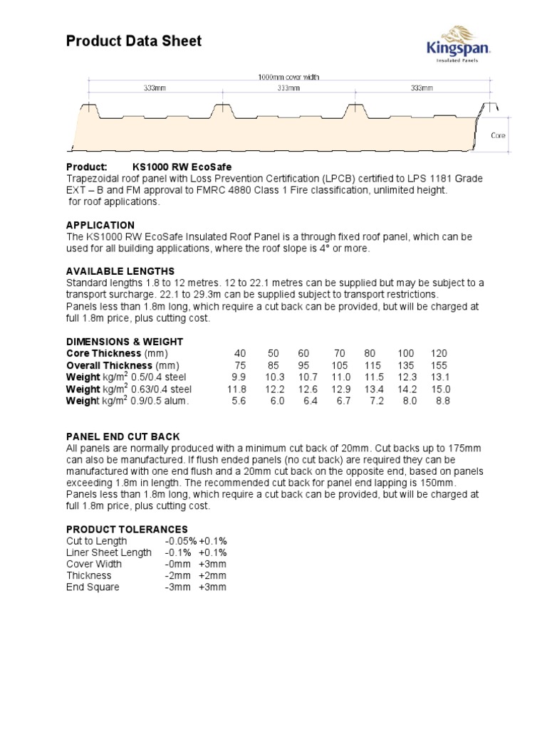 KS1000 RW Roof Panel Product Data | PDF | Roof | Economic Sectors