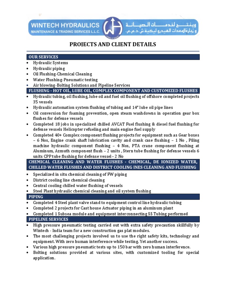 Wintech - Projects and Client Details | PDF | Pipe (Fluid Conveyance) | Lubricant