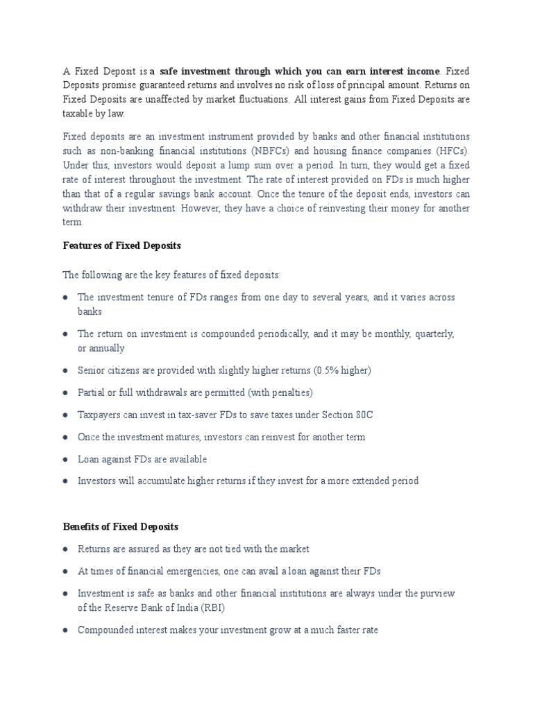 Features of Fixed Deposits | PDF | Banks | Investing